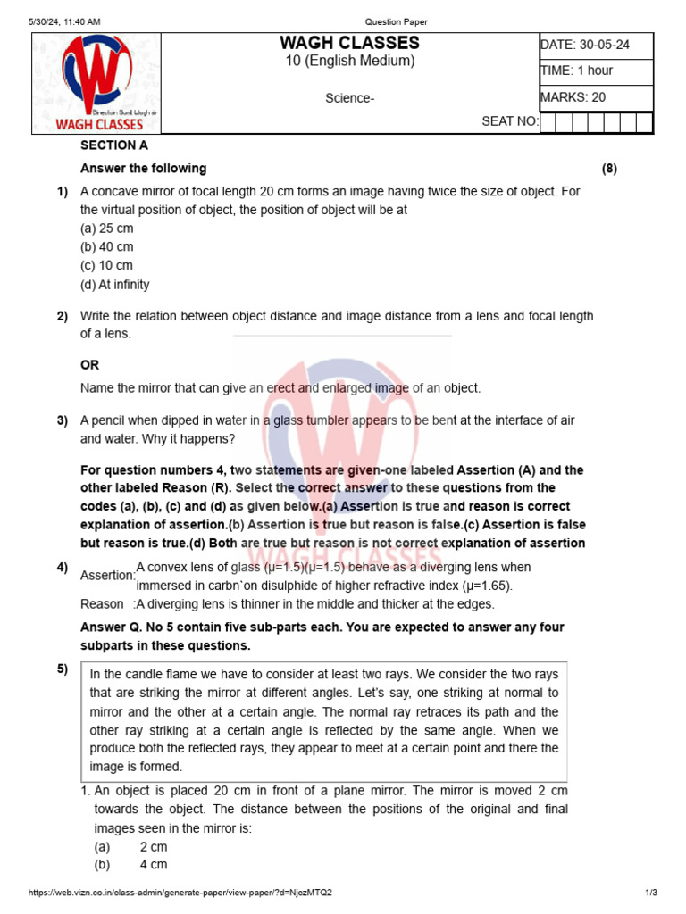 Wagh Classes Science Exam Paper 10 | PDF | Mirror | Electrodynamics