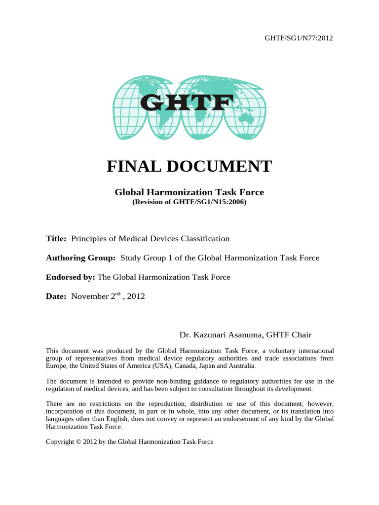 GHTF Sg1 n77 2012 Principles Medical Devices Classification 121102 | PDF | Medical Device | Wound