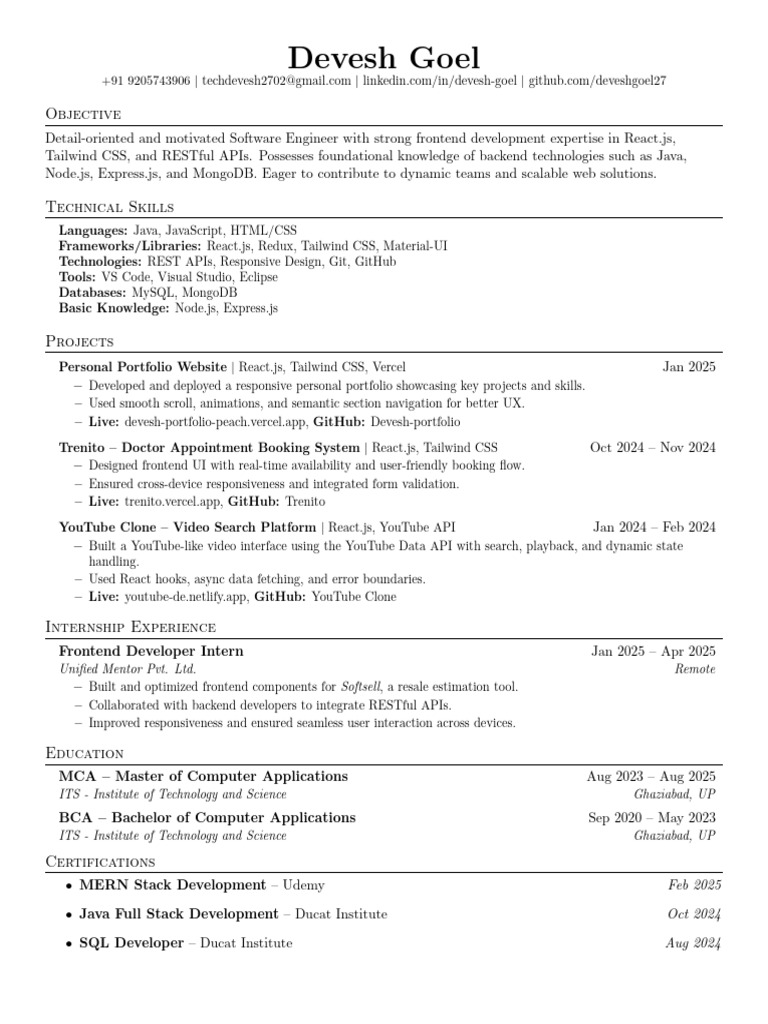 Devesh Goel Software Engineer Resume | PDF | Computer Programming ...