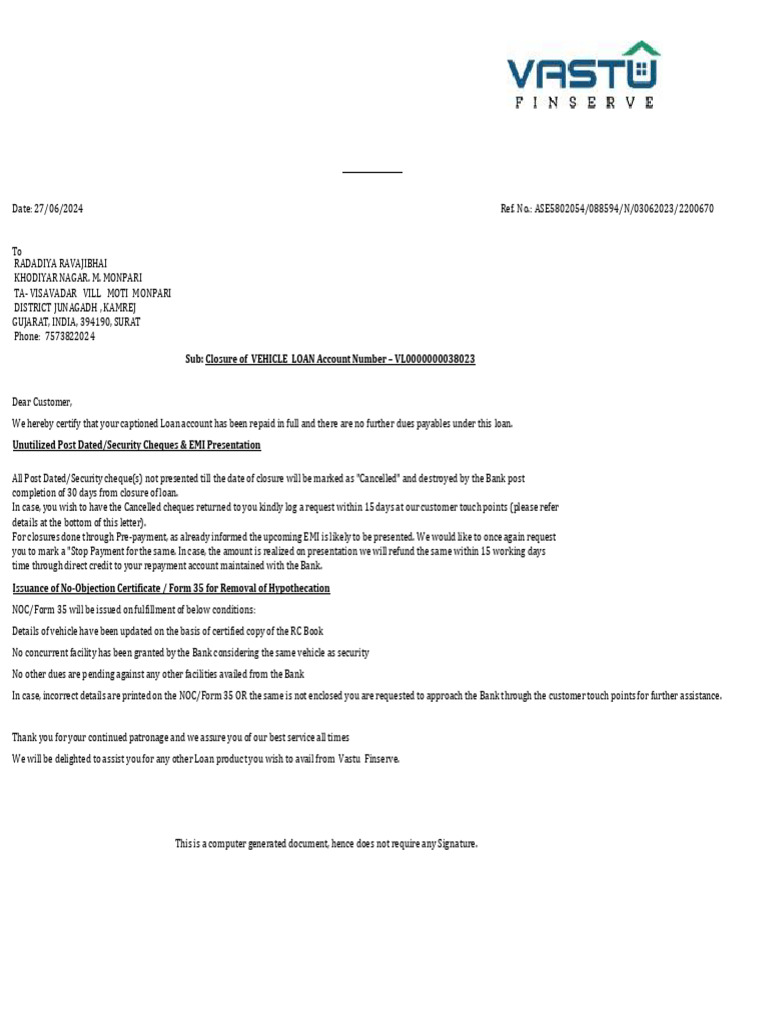 Vehicle Loan Closure Confirmation Letter | PDF