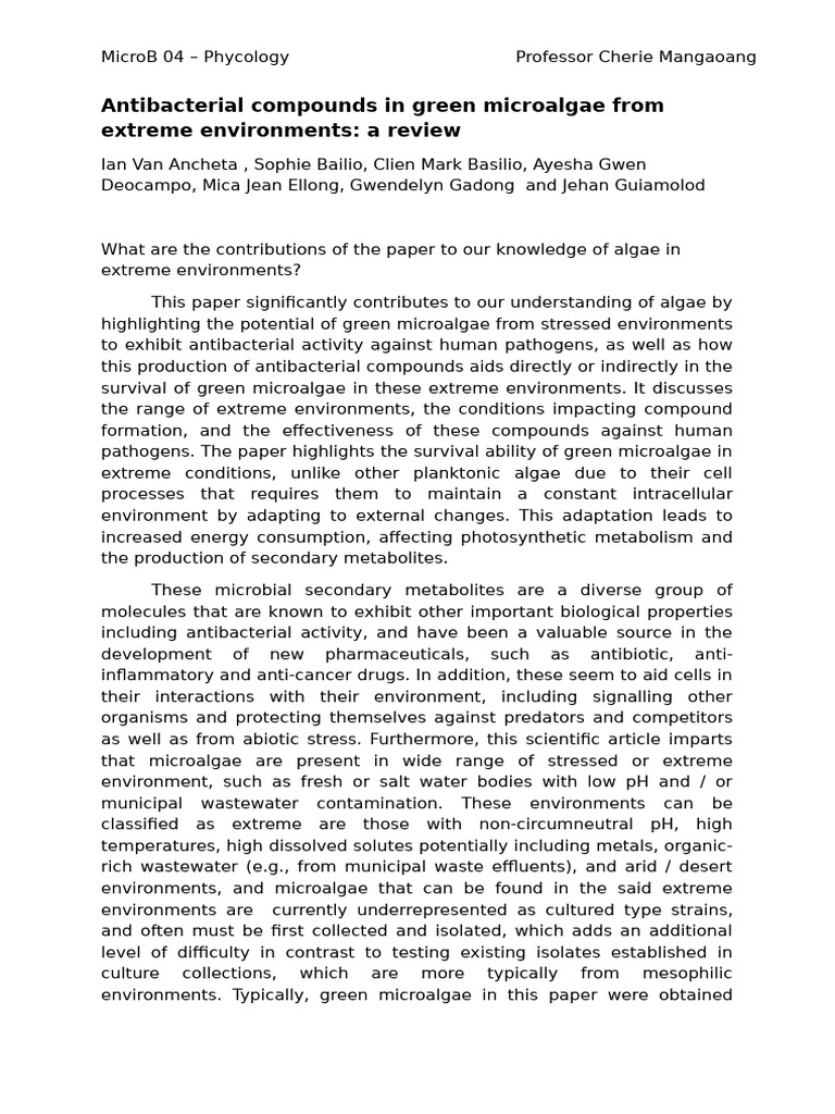 Antibacterial Compounds in Green Microalgae From Extreme Environments Review Paper | PDF | Water ...