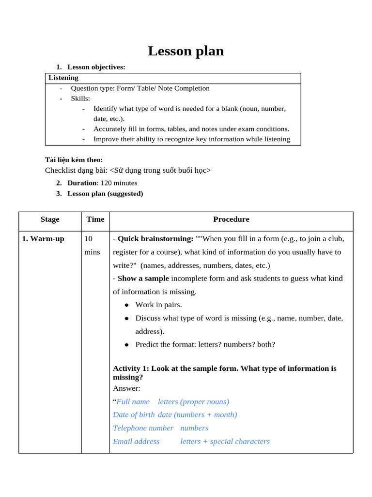 Lesson Plan Form Table Note Completion | PDF