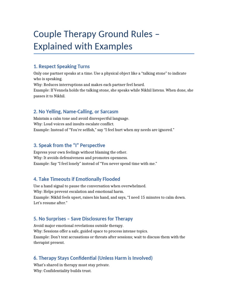 Couples Therapy Ground Rules Explained | PDF