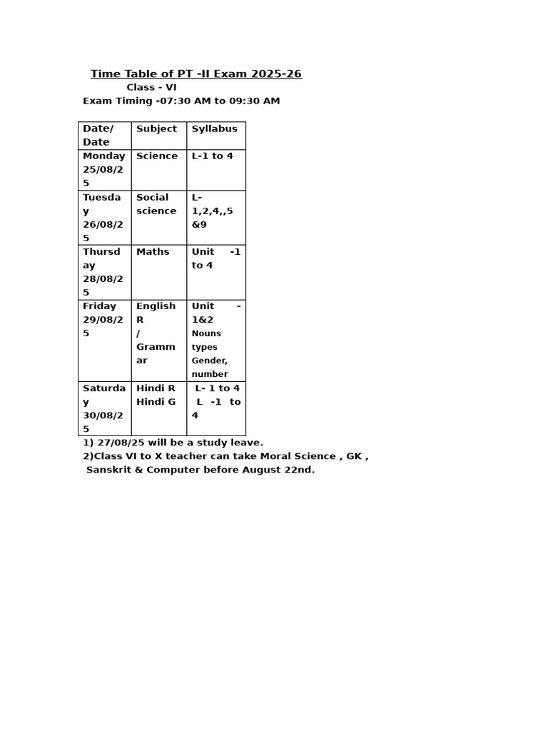 PT 2 Timetable Class 6 | PDF