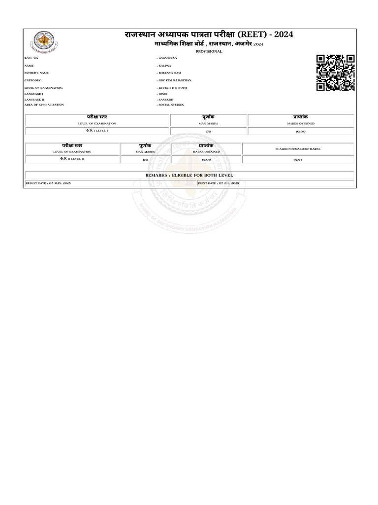 KLP Reet-2024 Result | PDF