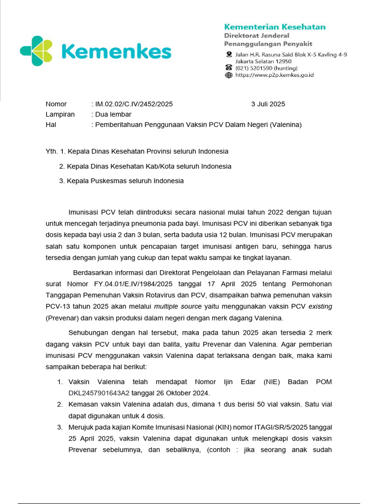 Pemberitahuan Vaksin PCV Valenina 2025 | PDF