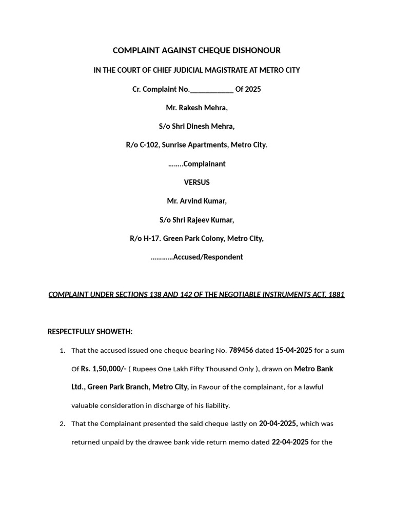 Complaint Against Cheque Dishonour | PDF | Affidavit | Cheque