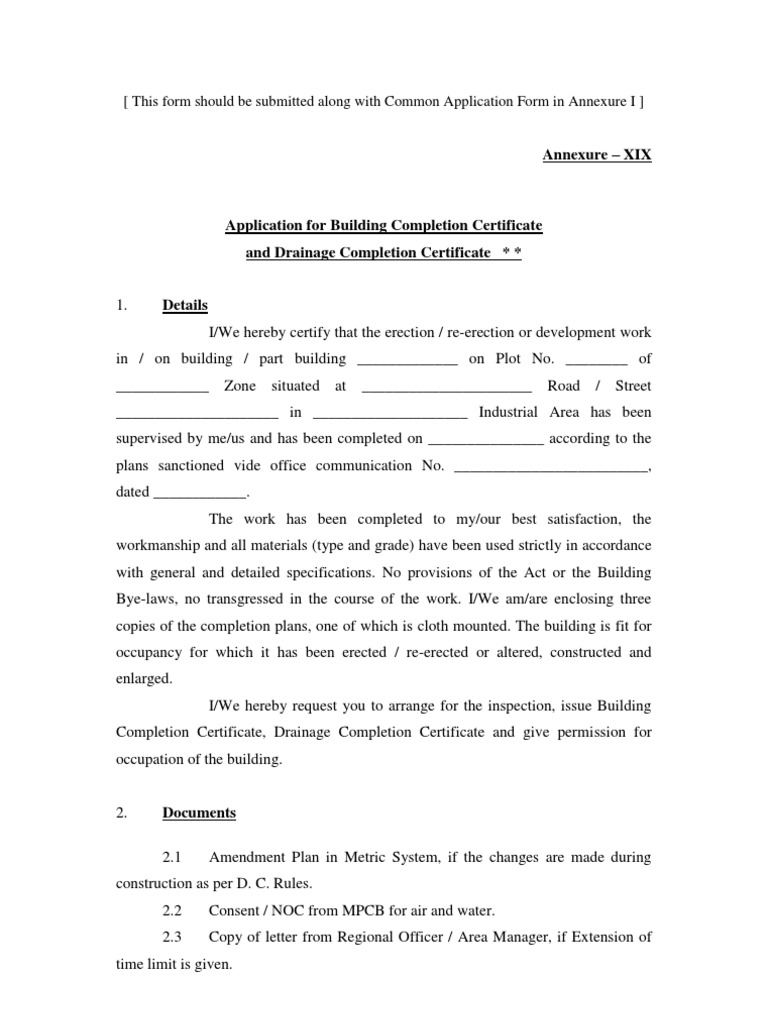 Application for Building Completion Certificate and Drainage Completion ...