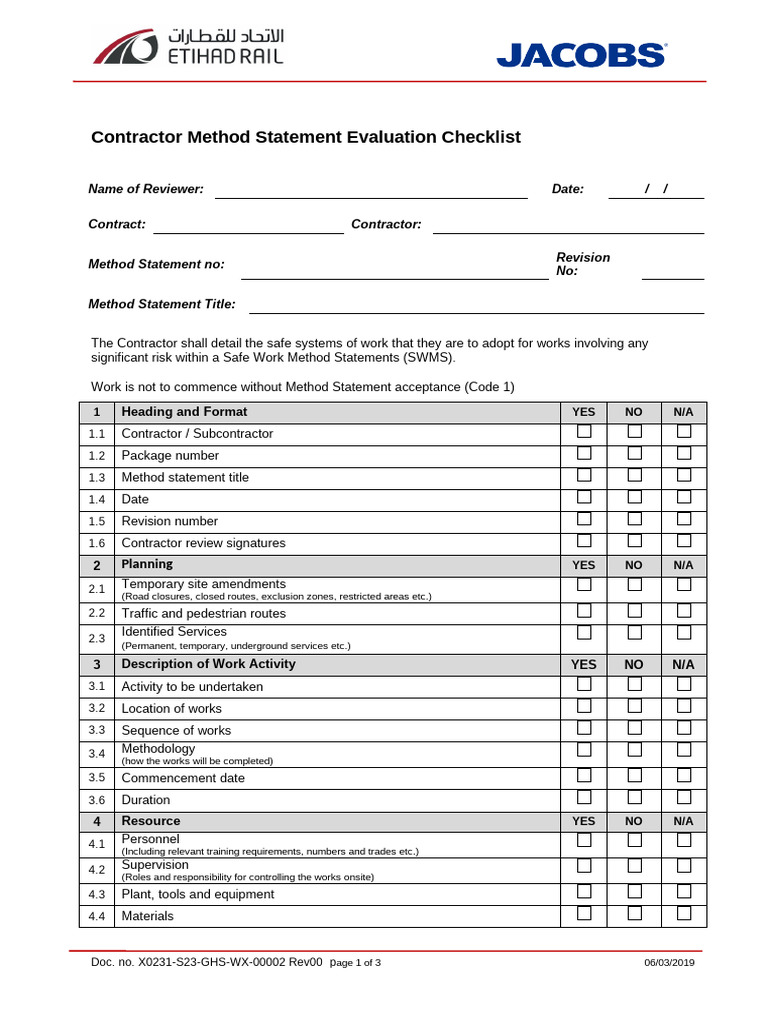 2. Construction Method Statement Evaulation - Checklist | PDF | Safety