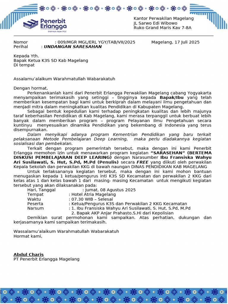 Rev Surat Undangan Sarasehan Deep Learning & p5 Kab MGL 2025 | PDF