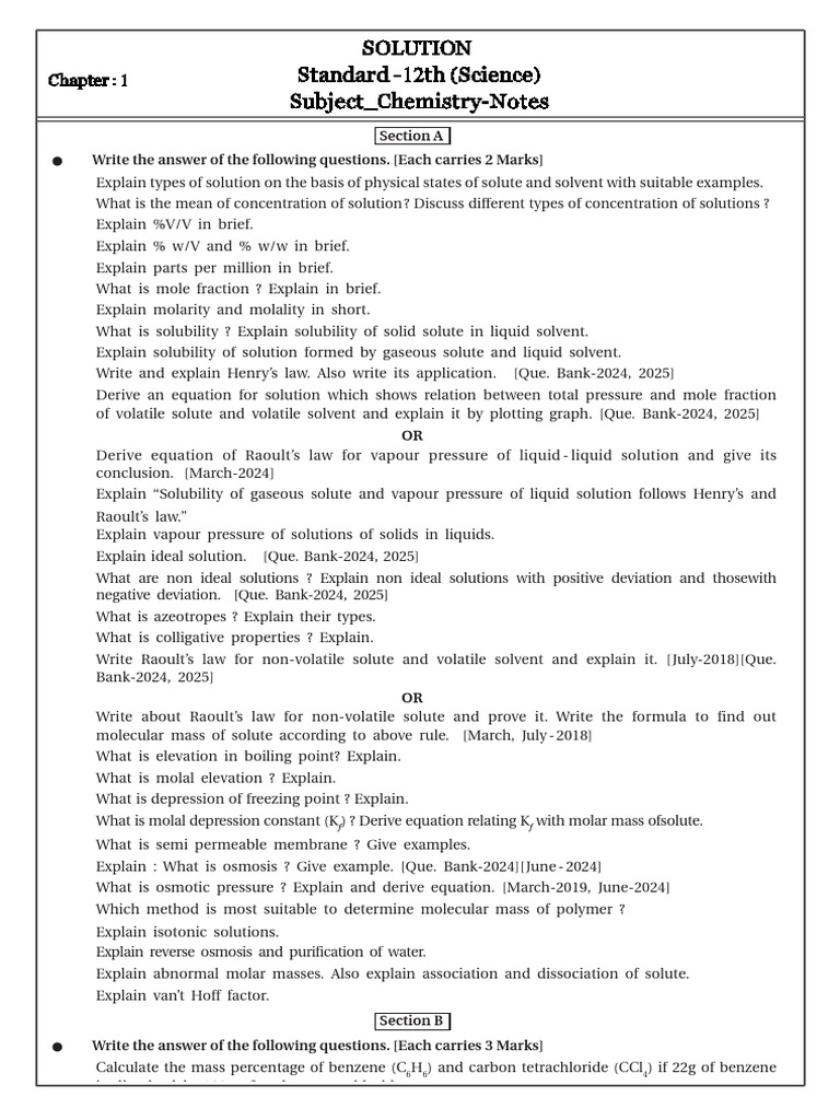 Chemistry Notes on Solutions and Concentration | PDF | Solubility ...