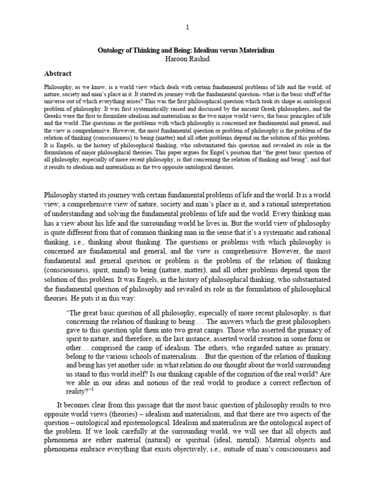 Ontological Perspectives: Idealism vs. Materialism | PDF | Idealism ...