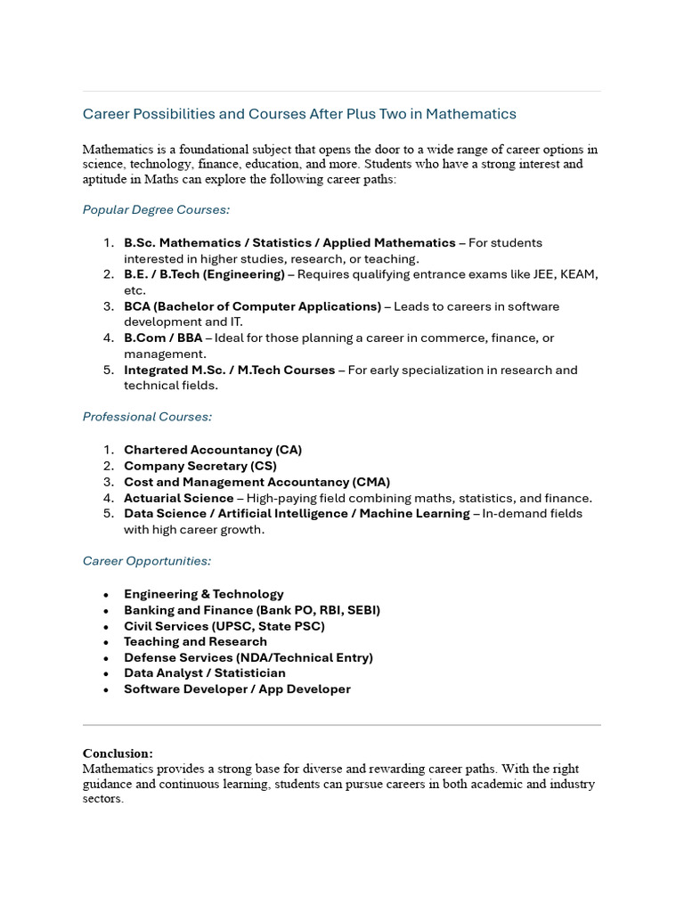 Career Paths After Plus Two in Maths | PDF