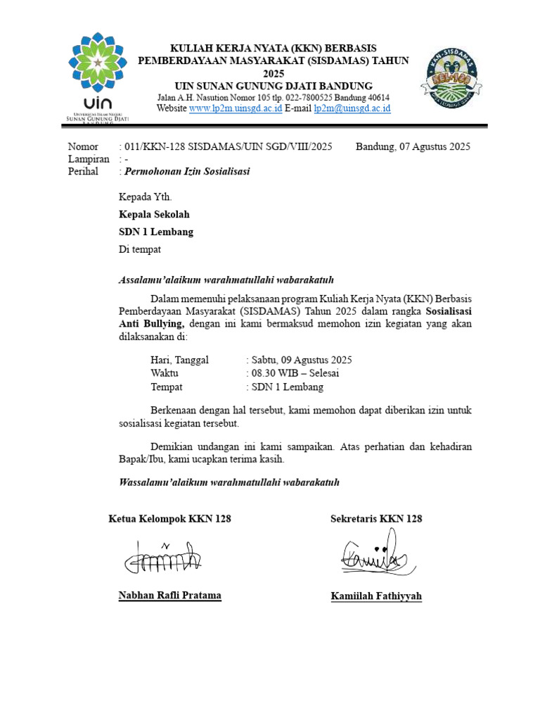 Izin Sosialisasi KKN Anti Bullying 2025 | PDF