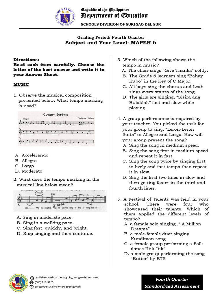 MAPEH 6 Fourth Quarter Assessment | PDF | Over The Counter Drug | Tempo