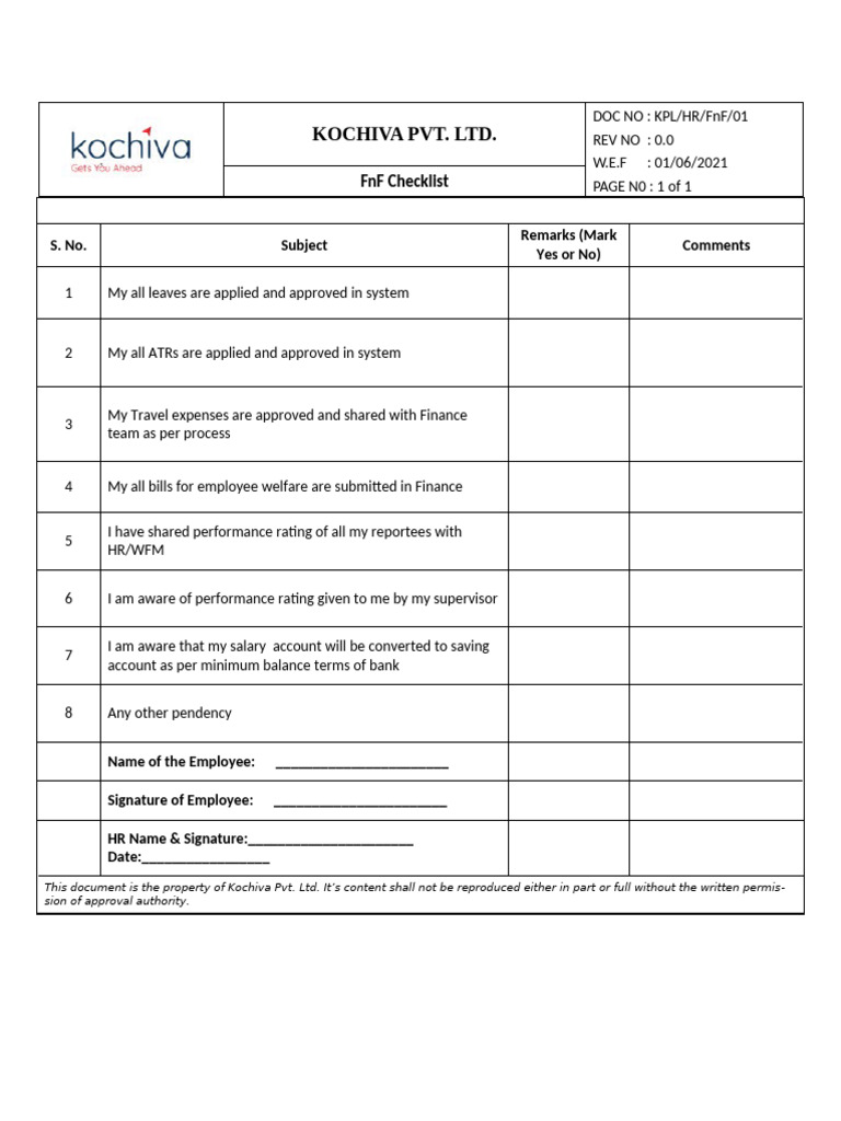 Kochiva Pvt. Ltd. FnF Checklist | PDF