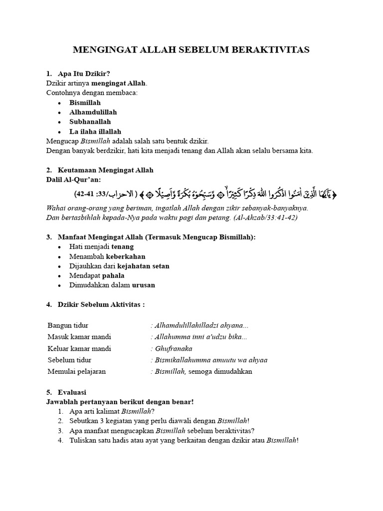Keutamaan Mengingat Allah Sebelum Beraktivitas | PDF