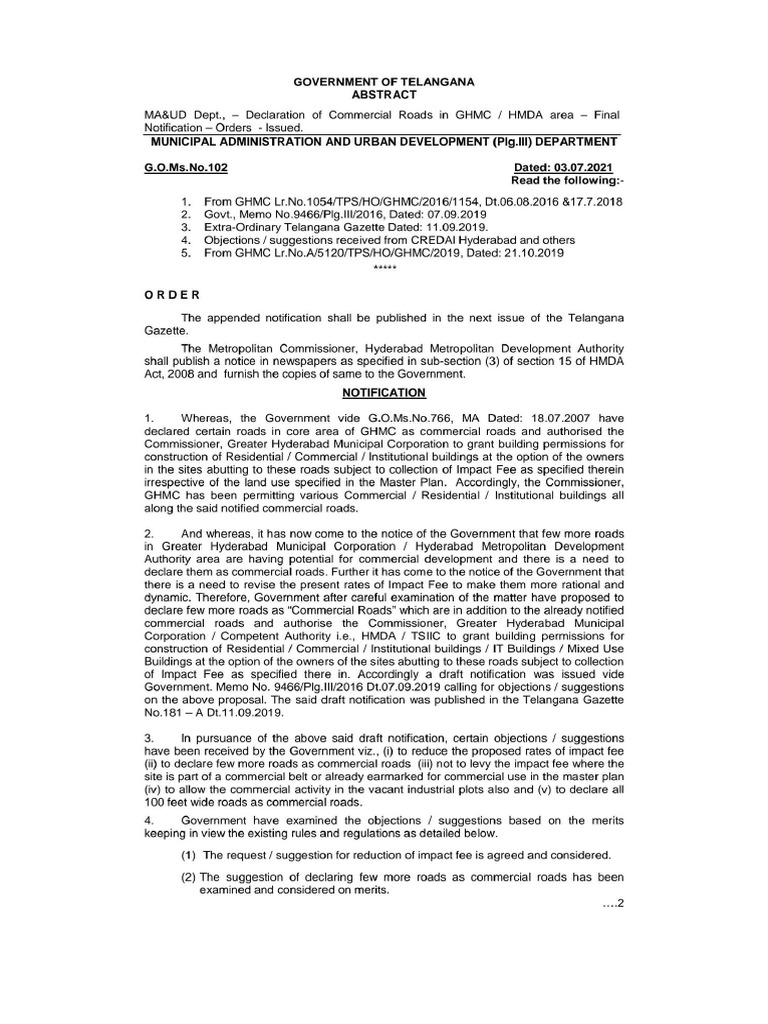 GO 102 DT 03-07-2021 Declaration of Commercial Roads | PDF