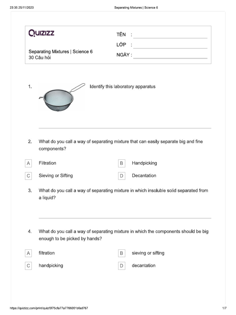 Separating Mixtures Answer Key | PDF