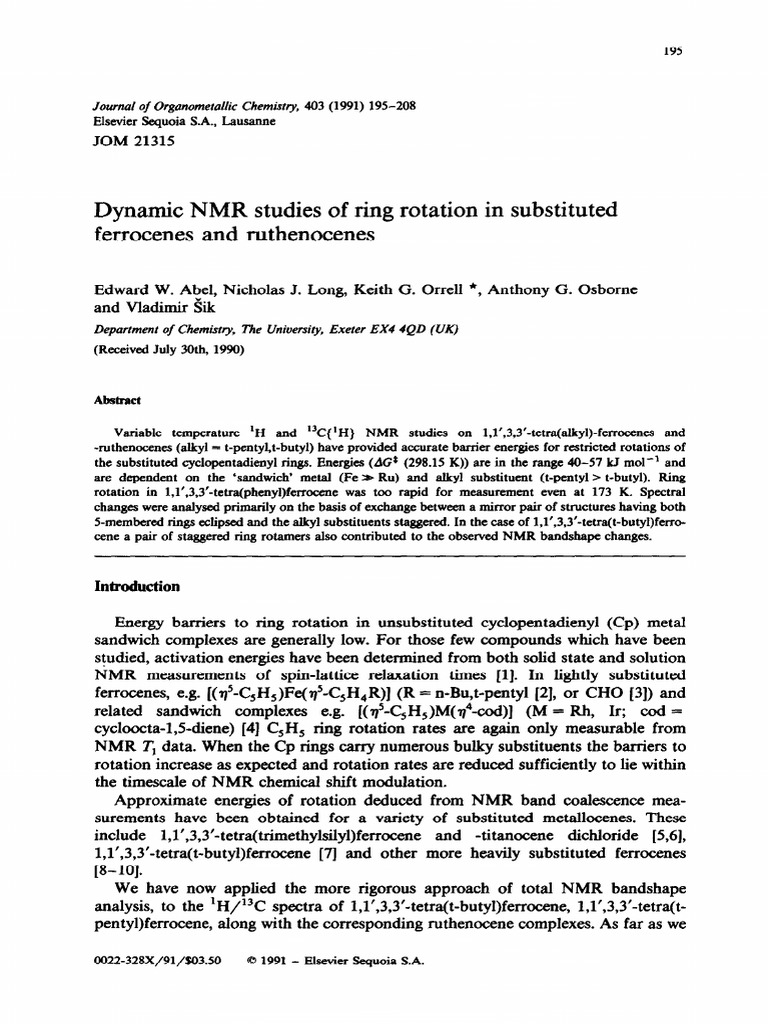 Dynamic NMR Studies of Ring Rotation in Substituted Ferrocenes and Ruthenocenes | PDF | Spectral ...