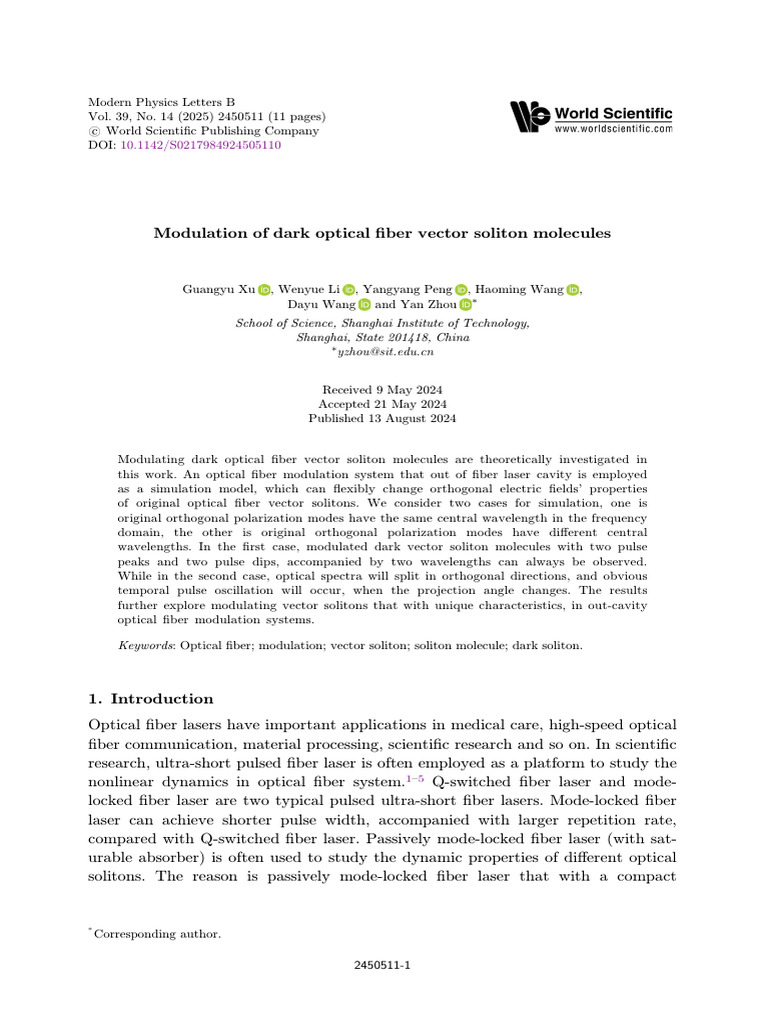 Xu Et Al 2024 Modulation of Dark Optical Fiber Vector Soliton Molecules ...