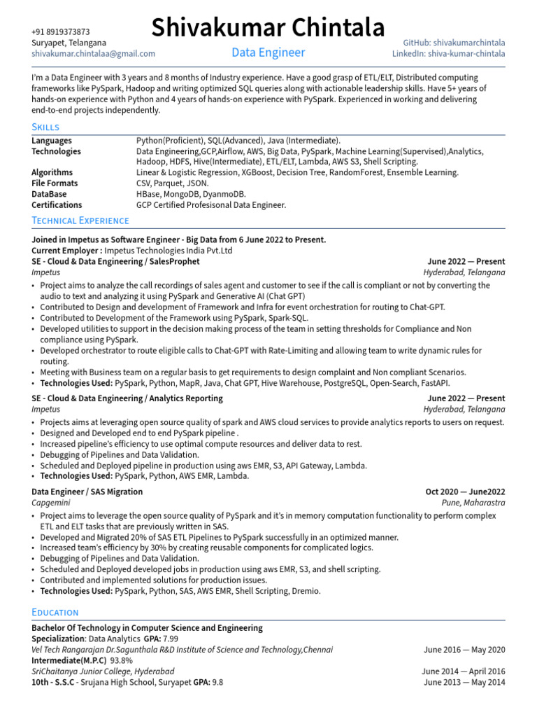 ShivakumarChintala Resume | PDF | Apache Spark | Amazon Web Services