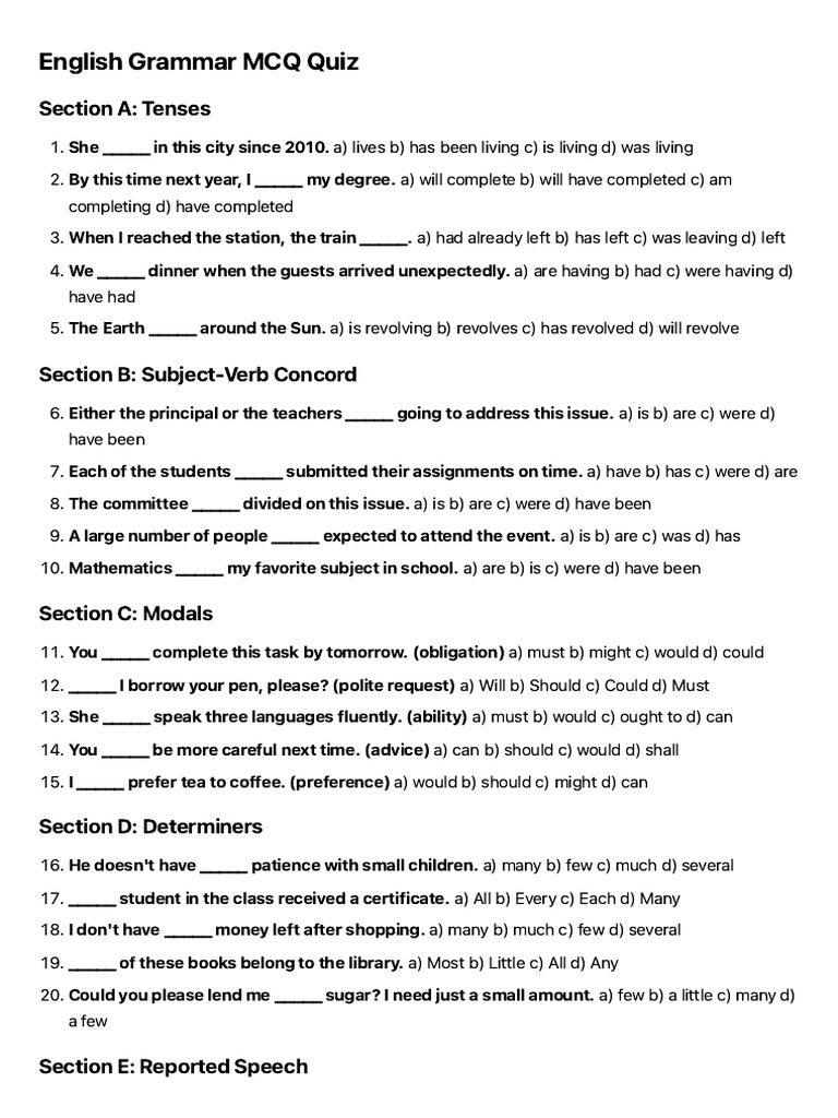 English Grammar MCQ Quiz on Tenses and More | PDF | Chess Theory | Chess