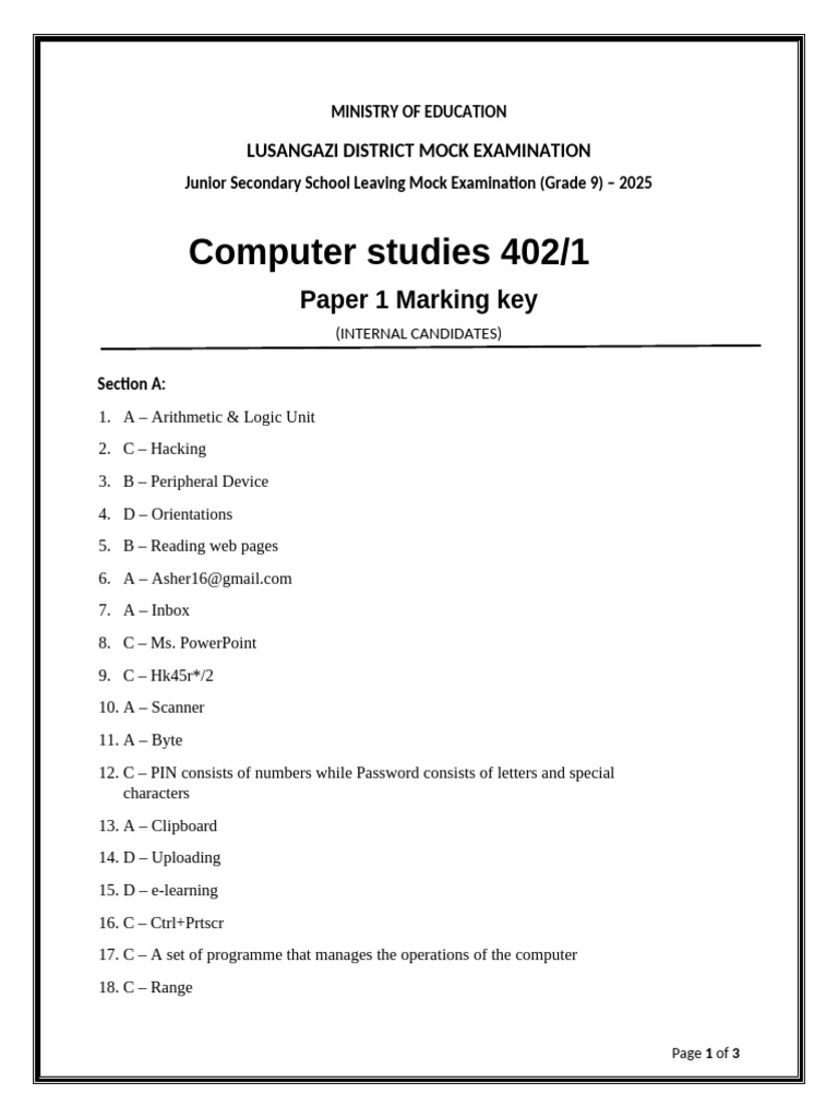 Computer Studies g9 Marking Key 2025 | PDF