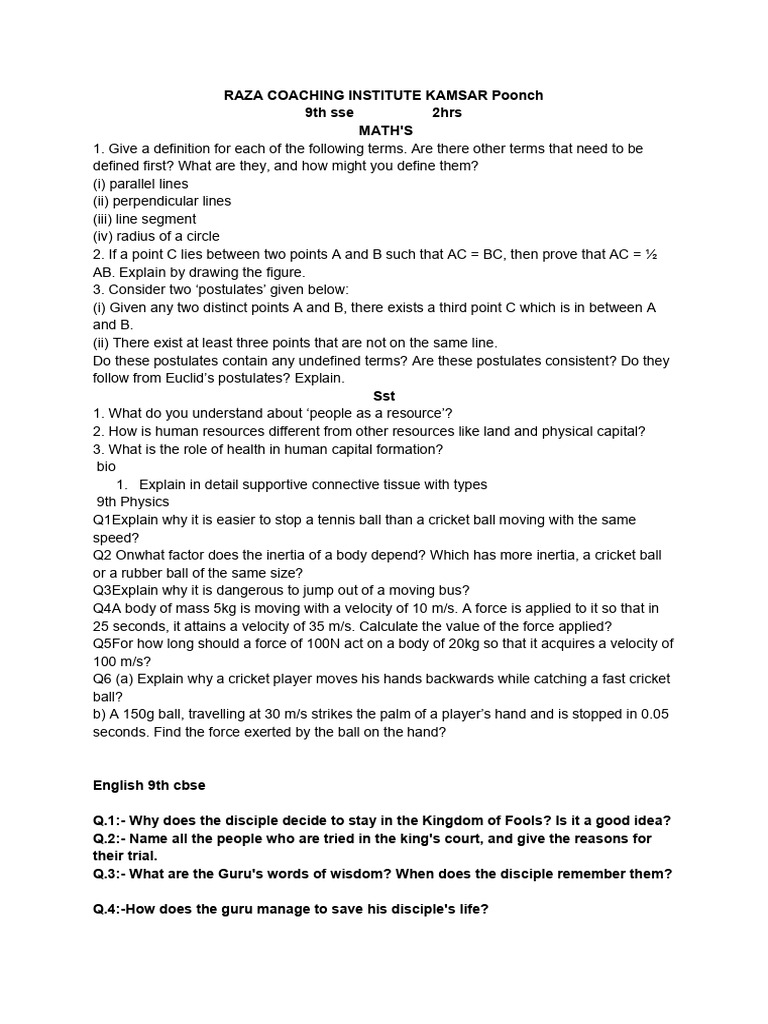 Sse 9 Math SST | PDF