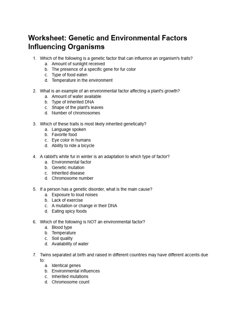 Genetic vs. Environmental Factors Quiz | PDF | Genetics | Genetic Disorder