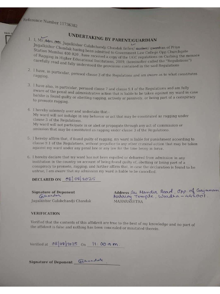 Anti Ragging Undertaking by Parent | PDF