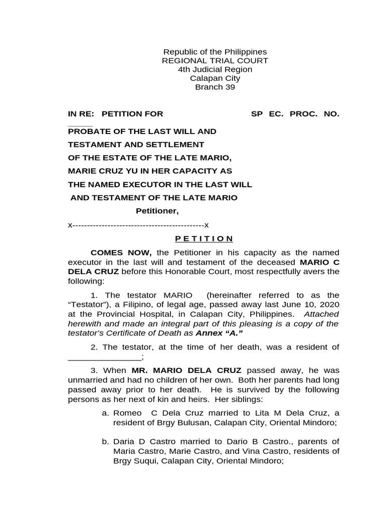 Probate Petition for Mario Dela Cruz | PDF | Will And Testament | Probate