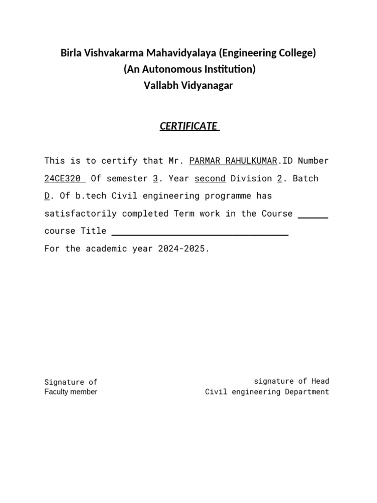Certificate of Term Work Birla Vishvakarma Mahavidyalaya | PDF