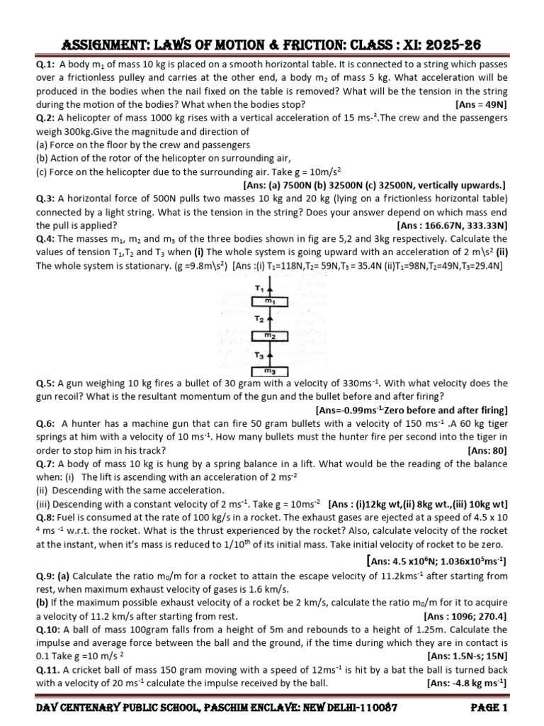 Laws of Motion & Friction Assignment XI | PDF | Force | Rocket