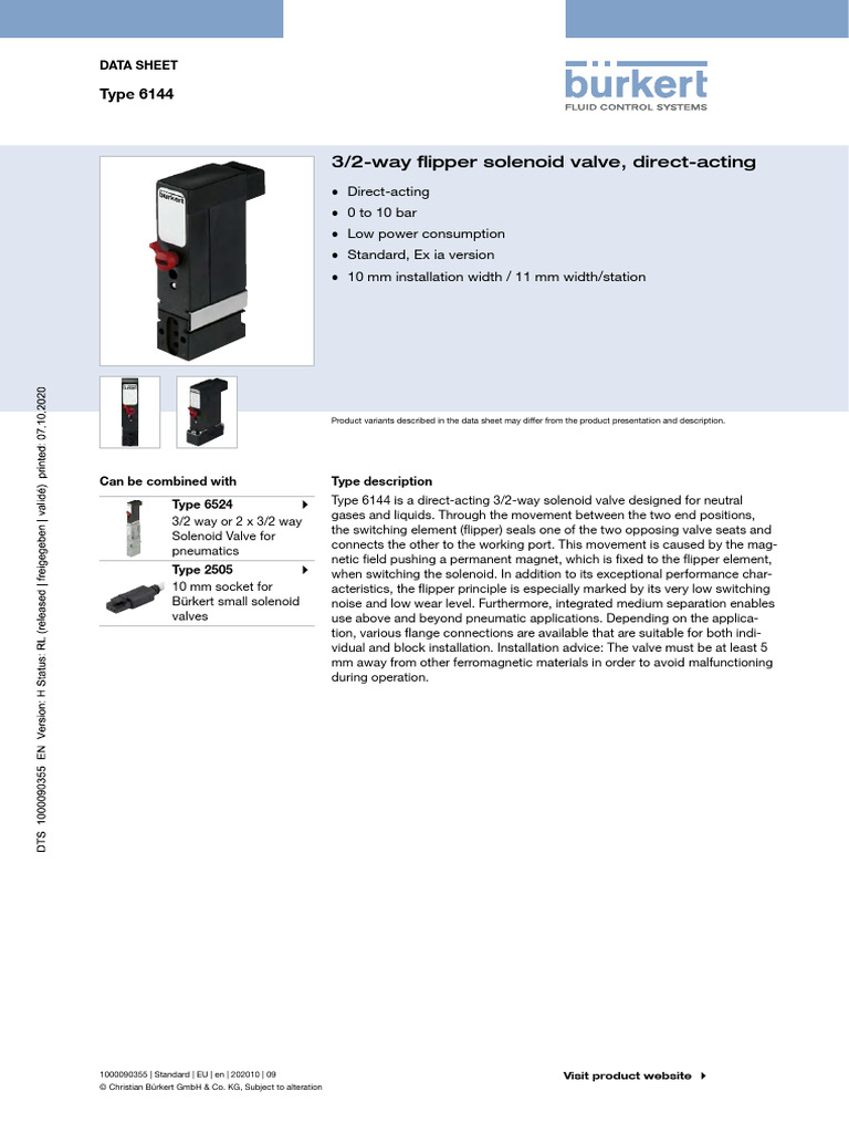 Bürkert 6144 Solenoid Valve Overview | PDF | Electrical Connector | Valve
