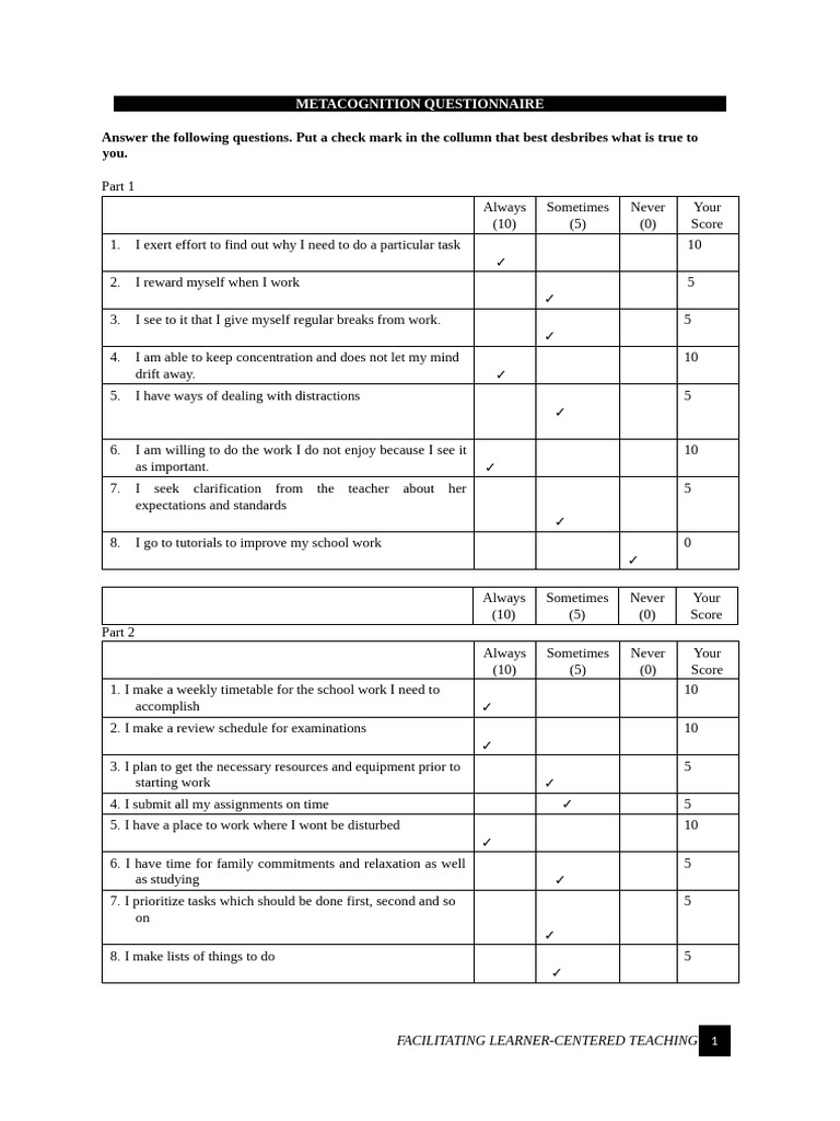 Metacognition Questionnaire for Students | PDF | Cognition ...