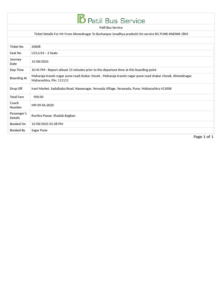 Bus Ticket Details: Ahmednagar to Pune | PDF