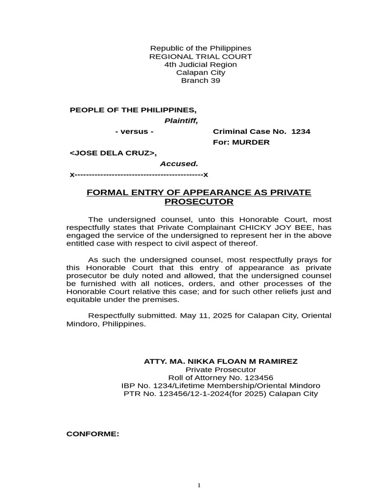 Form No. 53 Notice of Formal Entry of Appearance of Private Prosecutor ...