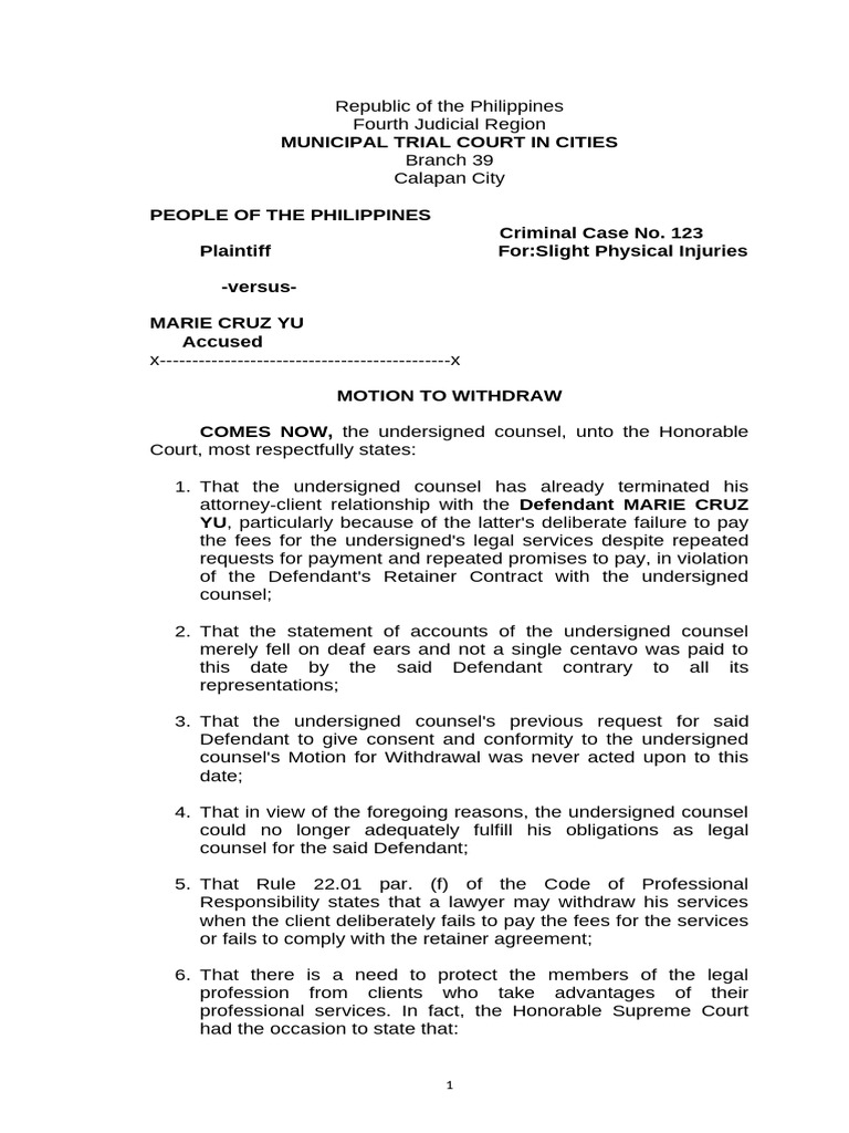 Form No. 55 Motion To Withdraw As A Counsel Without Conformity of The ...