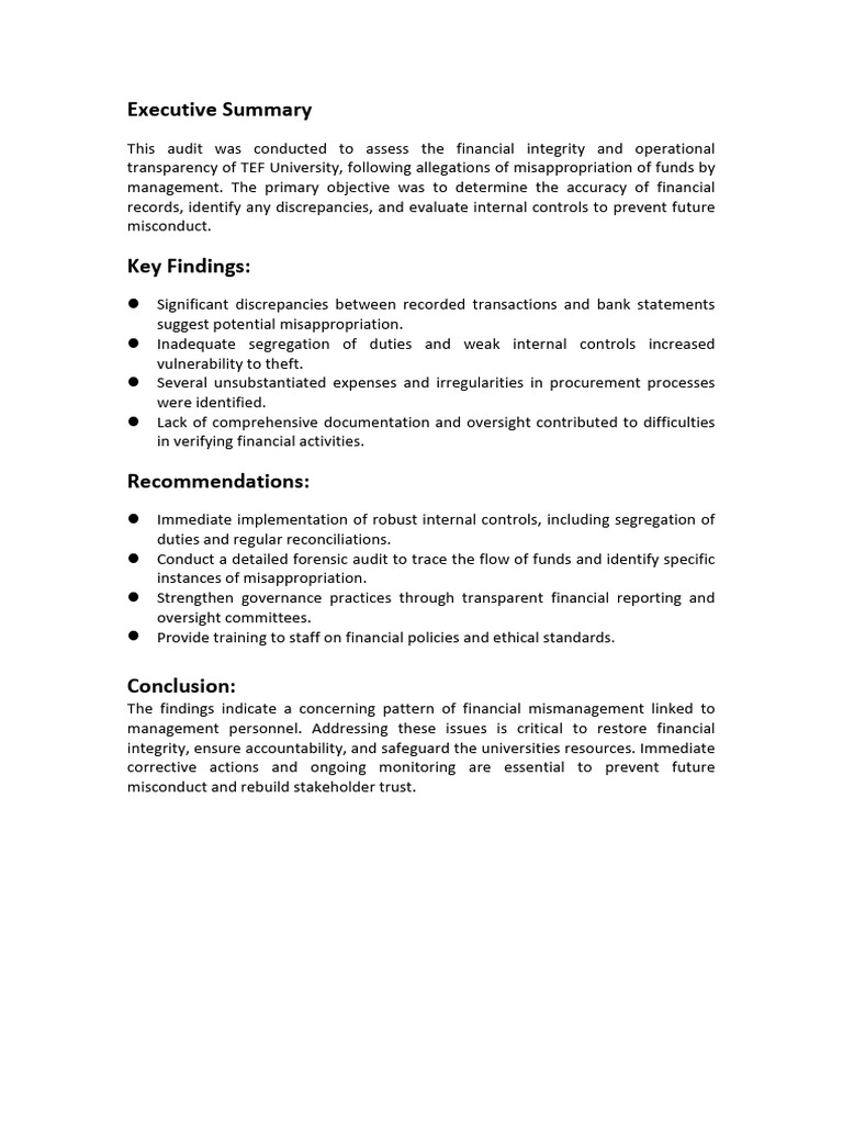 EXECUTIVE SUMMARY-AUDIT OF TEF UNIVERSITY | PDF