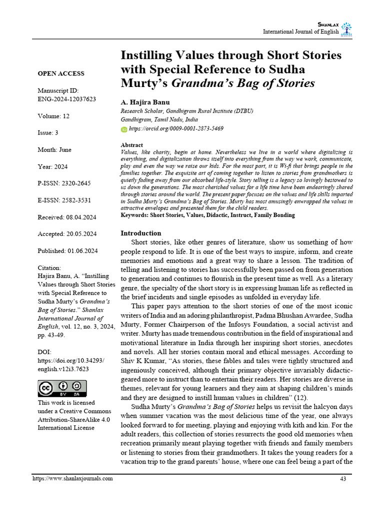 Values in Sudha Murty's Short Stories | PDF | Psychological Concepts