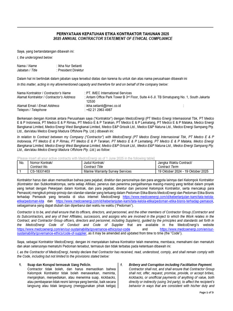 Contractor Statement of Ethical Compliance Form IMEC-1 | PDF