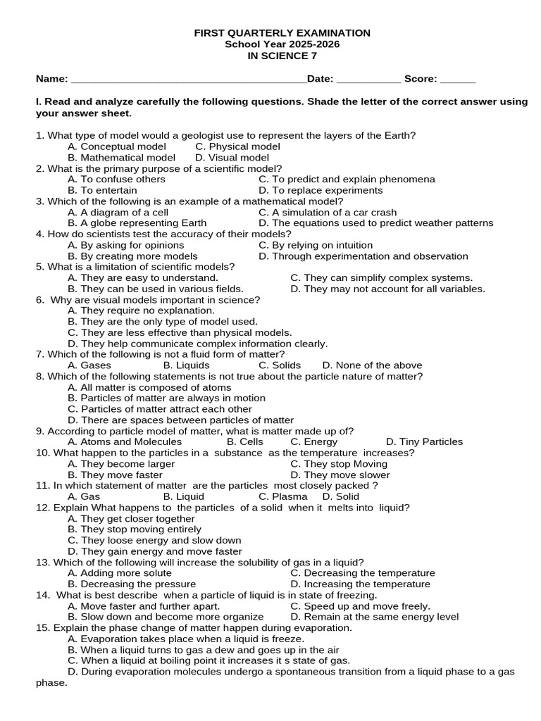 First Quarter Science 7 Exam | PDF | Gases | Phase (Matter)