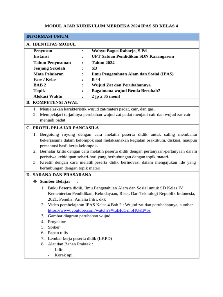 Modul Ajar IPAS Kelas 4 2024 | PDF