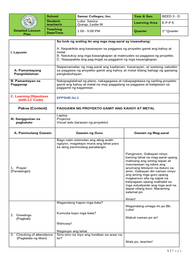 Lesson Plan (Epp) | PDF