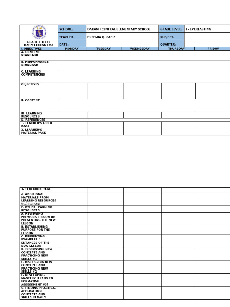 Grade 1 Daily Lesson Log | PDF