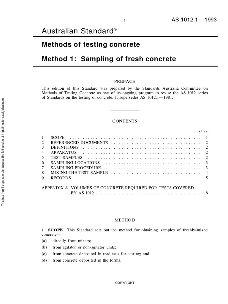 As 1012.1-1993 Methods of Testing Concrete Sampling of Fresh Concrete ...