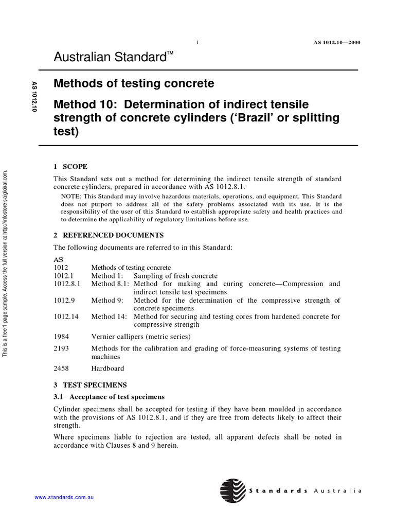 As 1012.10-2000 Methods of Testing Concrete Determination of Indirect ...