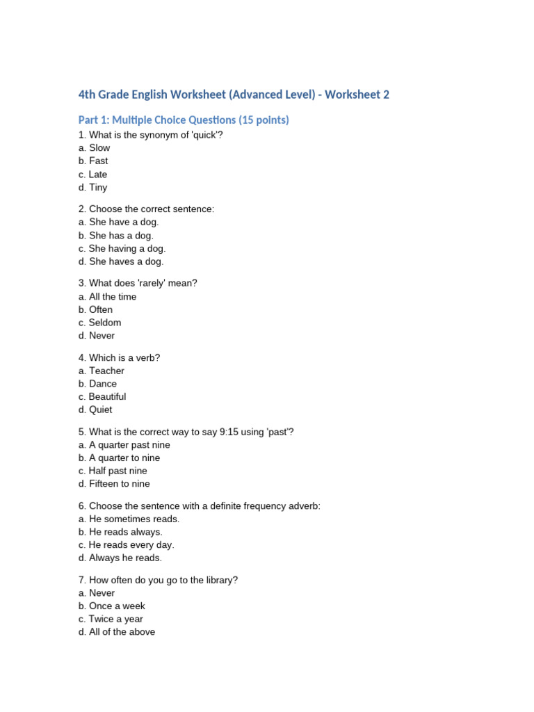 Advanced 4th Grade English Worksheet | PDF