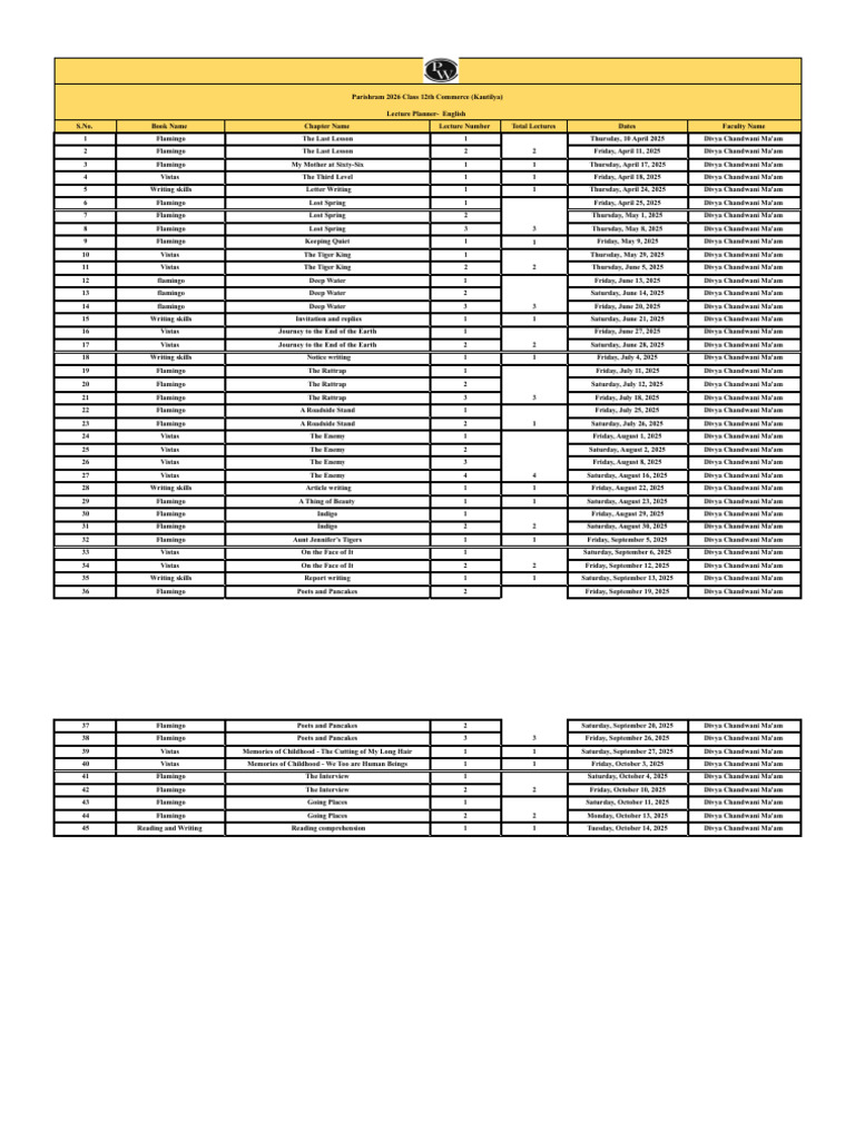 Lecture Planner English PDF Only | PDF